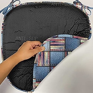 Lunarable Geometric Chair Seating Cushion Set of 2, Quilt Design with Scraps of Denim and Knit Graphic Colorful Melange Print, Seat Pads for Office with Anti-Slip Backing, 16"x16", Blue Multicolor