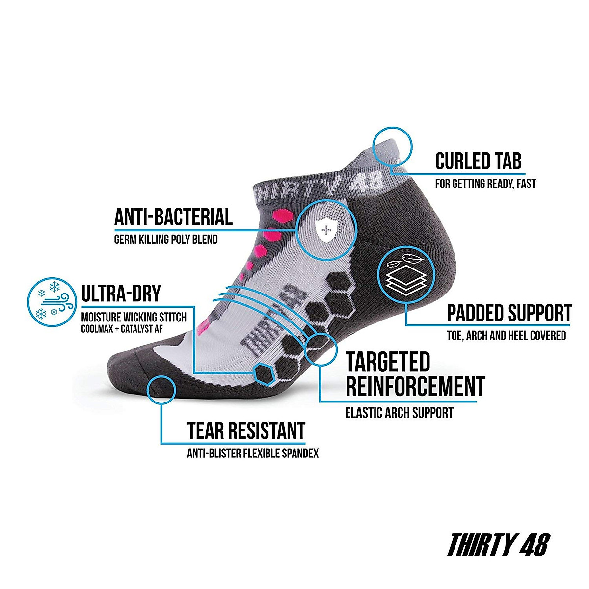 Thirty48 - Ru Cushioned Running Socks Series, 3 Pack Fluorescent Pink/Gray ,Medium