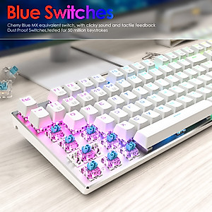 HUO JI E-Yooso Z-88 RGB Mechanical Gaming Keyboard USB Wired, Customizable RGB Backlit, Blue Switches - Clicky, Metal Panel, 104 Keys for Mac, PC, Silver+White