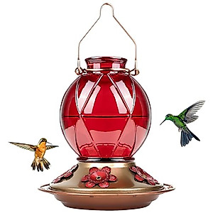BOLITE 18016-R Hummingbird Feeder, Glass Hummingbird Feeder for Outdoors, Meshy Texture Ball Shape Bottle, 18 Ounces, Red, Xmas Gifts for Bird Lovers