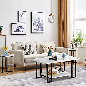 AWQM Coffee Table Set of 3, Faux Marble Coffee Table with 2 Round End Side Tables, Modern Living Room Table Set with Metal Frame for Apartment Home Office, White Black