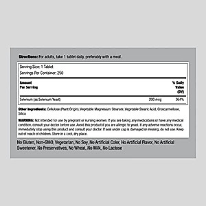 Selenium 200 mcg | 250 Tablets | Vegetarian, Non-GMO, Gluten Free Supplement | by Piping Rock