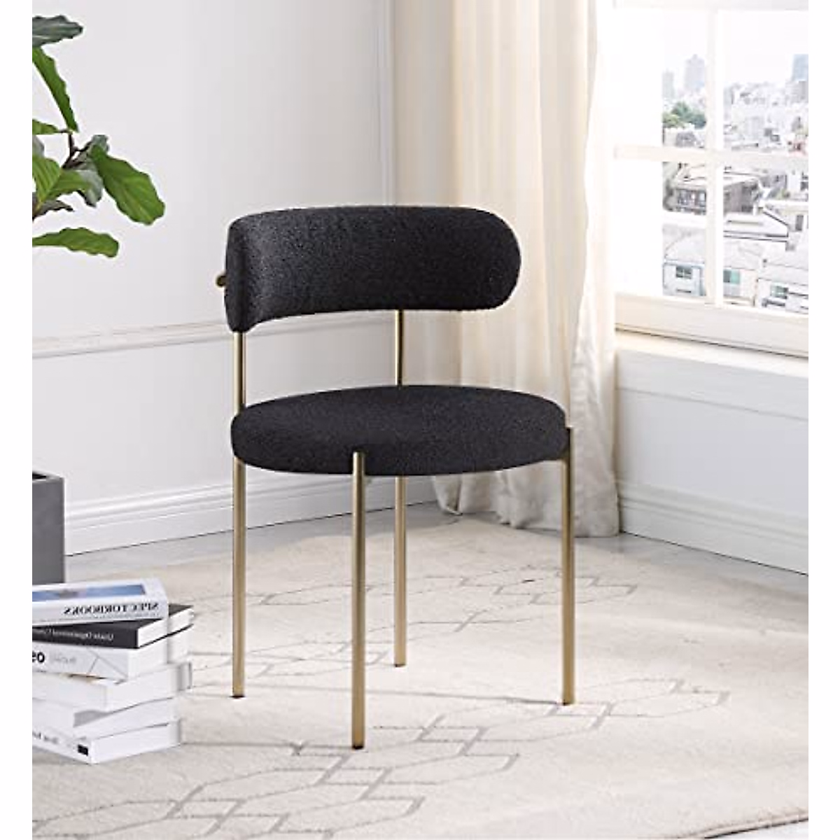 Meridian Furniture Beacon Collection Modern | Contemporary Upholstered Dining Chair, Brushed Brass Finish Iron Frame, Set of 2, 22" W x 21" D x 30" H, Black