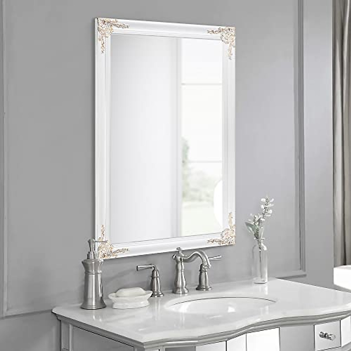 24x36 Inches White Wall Mirror, Wood Framed Rectangle Bathroom Mirror, Vintage Baroque Wall Mirror for Bedroom Bathroom and Living Room