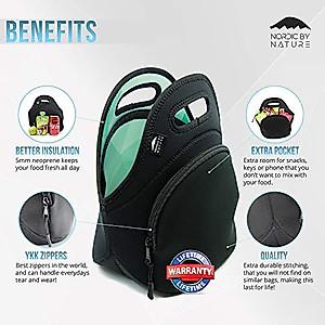 Nordic By Nature Neoprene Lunch Bag For Women, Men & Kids Extra Thick Insulated Neoprene Lunch Tote With Water Bottle Sleeve Durable Reusable Machine Washable Extra Pocket YKK Zippers (Turquoise)