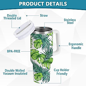 Slewiaeky Tumbler with Handle 40 oz Plant Palm Leaf Cool Travel Mug with Lid and Straw Green Stainless Steel Vacuum Insulated Water Bottle Cup for Iced Tea Coffee Cold Beverages Cup Holder Friendly