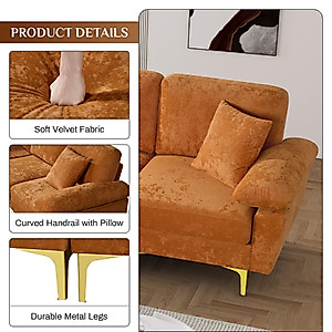 Wrofly L Shaped Sectional Sofa Couch, 88.5" Comfy Upholstered Velvet 3 Seat Sofa Set with Convertible Ottoman & 2 Pillows, Modern Deep Seat Cloud Couch for Living Room Office Apartment, Orange