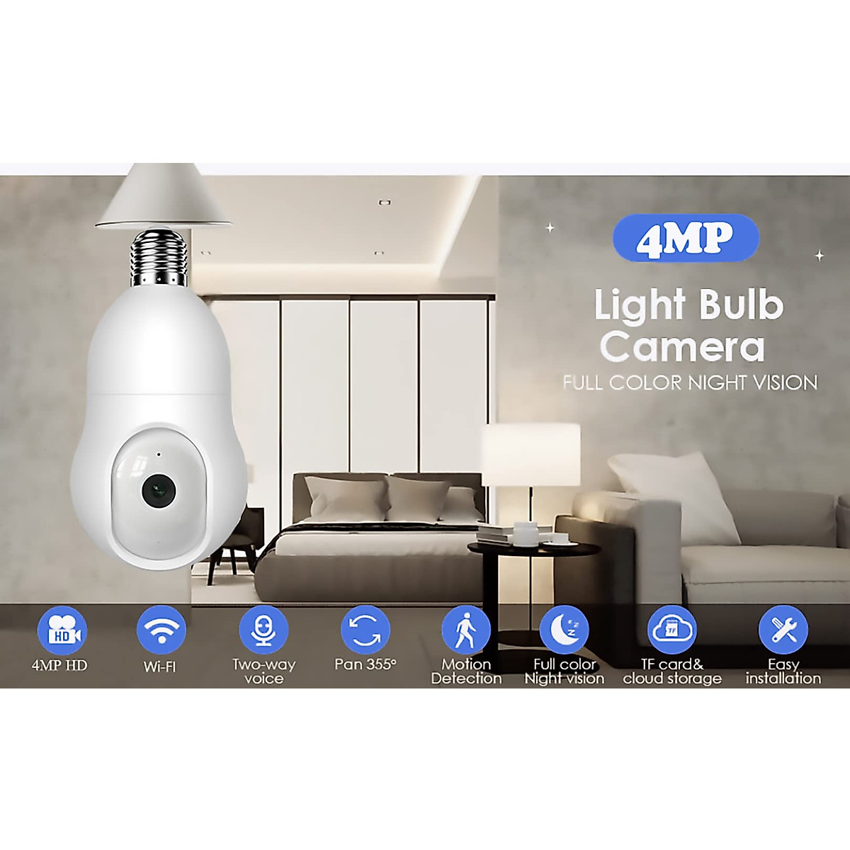 NU-SET Light Bulb Camera, Smart WiFi Home Security Camera with Pan-Tilt Panoramic View, 4MP, White