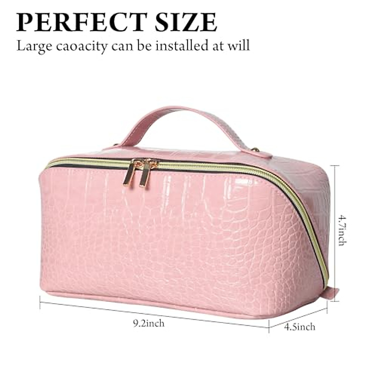 Sanshisi Travel Makeup Bag, Waterproof Leather Portable Cosmetic Travel Bag for Women Large Capacity Cosmetic Organizer Pouch with Compartments and Handle, Pink