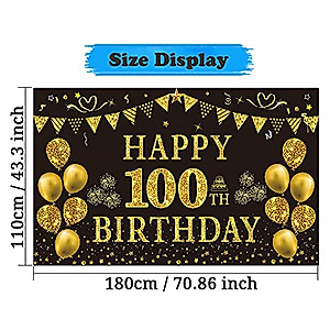 Trgowaul 100th Birthday Decorations for Men Women - Black and Gold 100th Birthday Backdrop Banner 5.9 X 3.6 Fts Happy 100th Birthday Party Supplies Photography Supplies Background