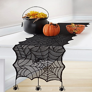 Elrene Home Fashions Crawling Spider Halloween Lace Table Runner and Mantle Scarf, Seasonal Halloween Table Runner, 13" x 70", Black