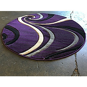 Contempo Modern Round Area Rug Swirl Purple Grey & Black Design 344 (7 feet 3 inches X7 feet 3 inches Round)