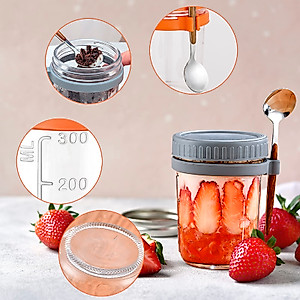 4 Pack Overnight Oat Container with Lid and Spoon, 16 Oz Glass Mason Overnight Oats Jars, Container with Measurement Marks, Portable Large Capacity Airtight Oats Jar for Milk, Cereal, Fruit, Yogurt