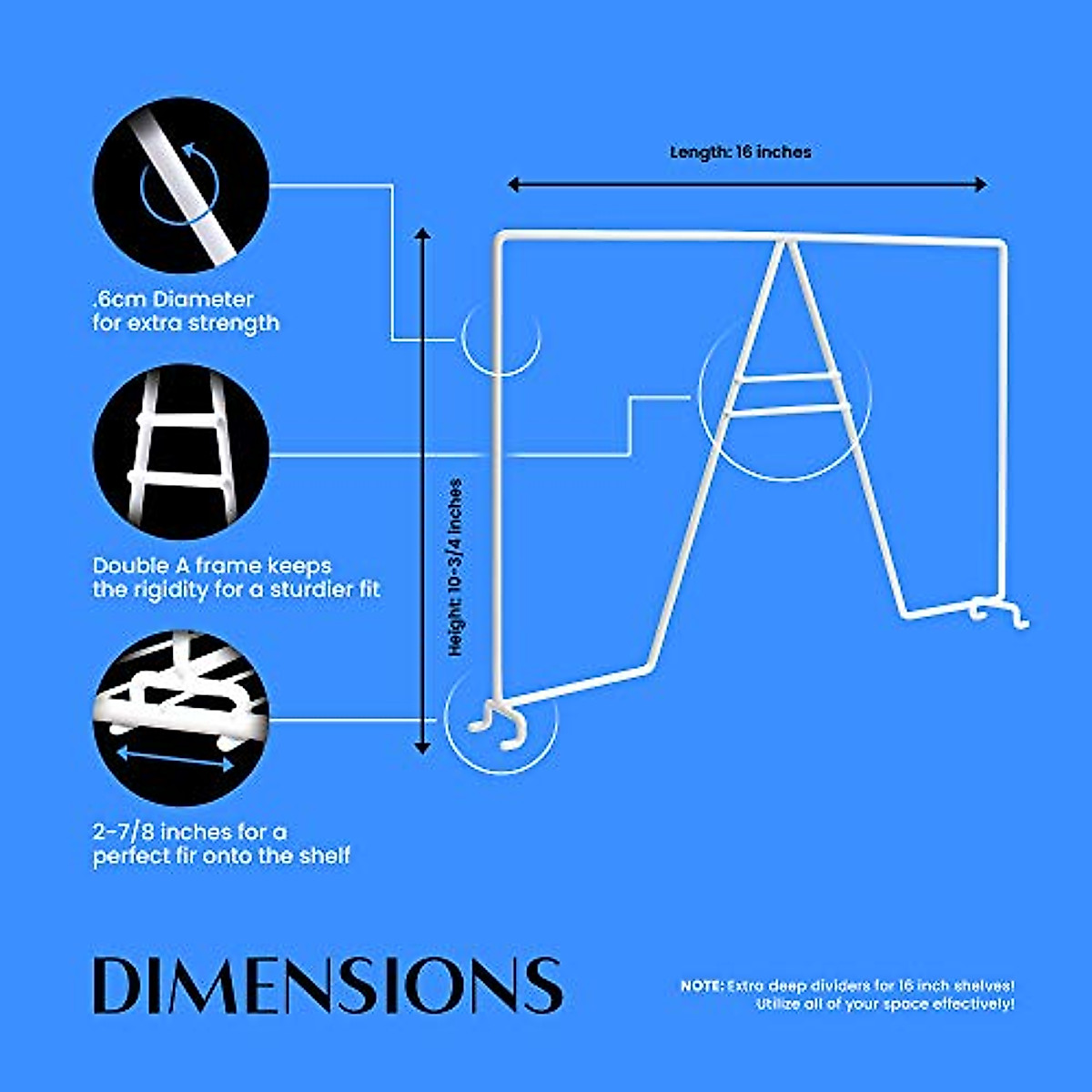 TitanSecure 4 Pack *** New Extra Wide 16 Inch Length*** White Wire Shelf Dividers for Closets - Best Closet Organizer Takes Seconds to Install (ONLY FITS 16 INCH Shelving)