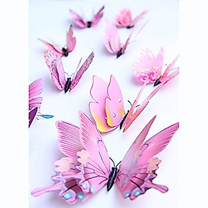 Somotersea 24PCS 3D Butterfly Wall Decals Removable Butterfly Decor for Girls Stickers Kids Bedroom and Room Decoration Art Mural Double Wings Pink