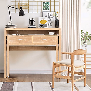 Tangkula Extendable Computer Desk with 2 Drawers, Small Writing Desk with Pull Out Secondary Desk, Console Table, Wood Study Workstation, Laptop Desk for Small Space Home & Office (Natural)