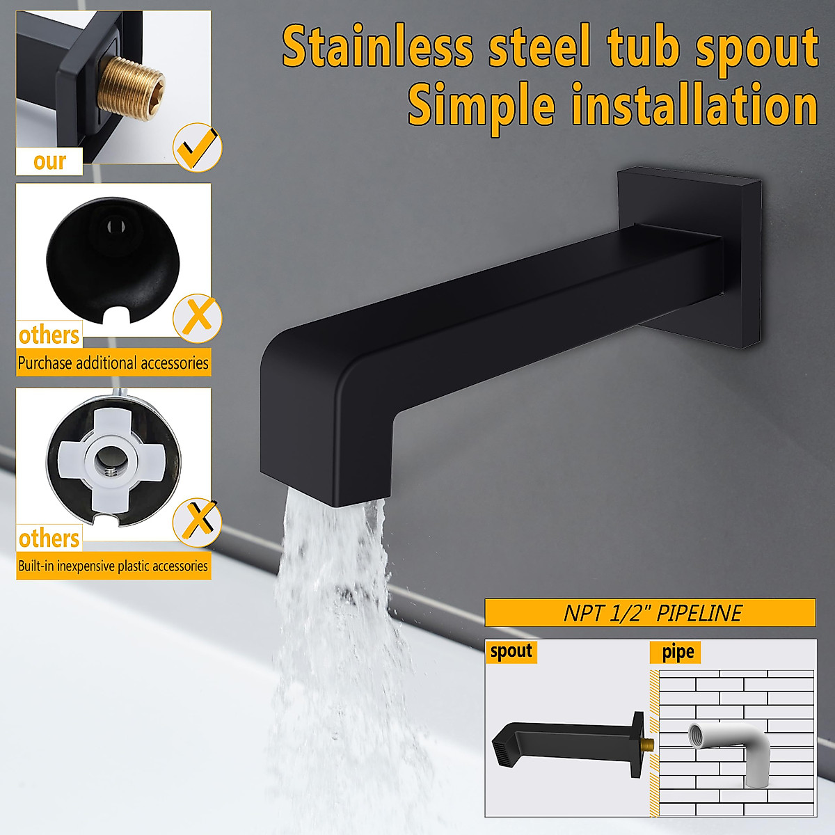 SOOOHOT Shower Fixtures, Black Shower Faucet Set with 12 Inch Matte Black Shower Head and Tub Spout, Black Shower Head and Handle Set (Valve Included)