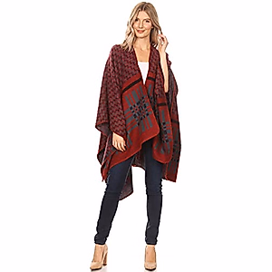 Sakkas 1928 - Lupe Womens Reversible Poncho Wrap Cape Shawl Sweater Coat Cardigan Pattern - Zigzag Burgundy - OS