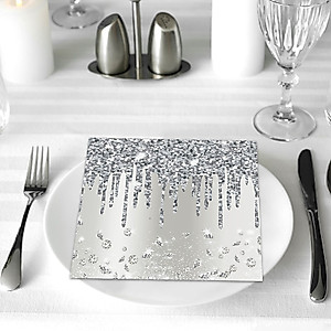 50PCS Silver Party Paper Napkins Silver Happy Birthday Napkins Supplies Silver Glitter Party Napkins Decorations Diamond Theme Party Napkins for Adults Kids Birthday Wedding Bridal Shower Party Favors