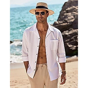 COOFANDY Men Cotton Linen Shirts Long Sleeve Cuban Collar Shirt Beach Resort Shirts White