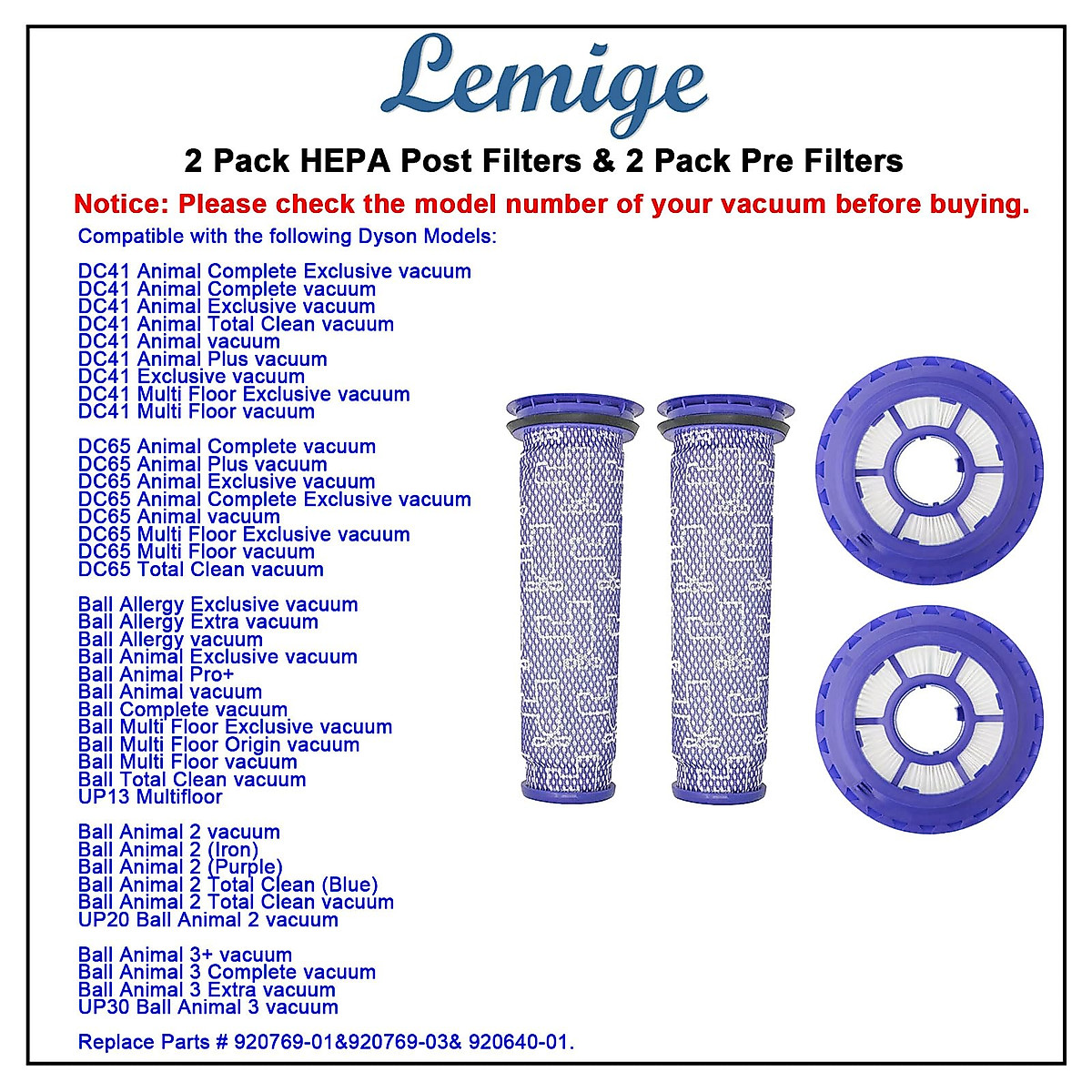 Lemige 2 Pack Post Filters & 2 Pack Pre Filters Replacement for Dyson DC41 DC65 DC66 UP13 UP20 Animal, Multi Floor and Ball Vacuums, Compare to Part #920769-01&920640-01
