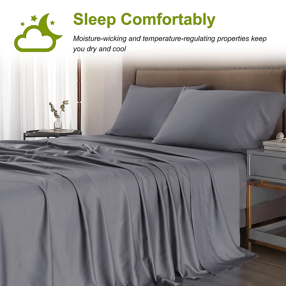 Ivellow Deep Pocket King Sheets, Rayon Derived from Bamboo, Extra Deep Pocket up to 18"-24", Hotel Luxury Cooling Sheets for King Size Bed, Silky Soft, Smooth, Breathable Bed Sheets Grey