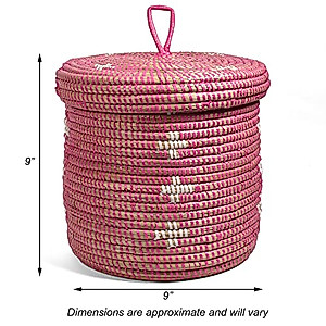 African Fair Trade Handwoven 9-inch Lidded Basket, Pink with White Blossoms