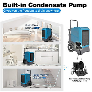 MOUNTO 310 Pints LGR Commercial Dehumidifier with Built-In Pump and Drain Hose – Portable, Heavy-Duty Dehumidifier with Wheels for Basements, Garages, Home, and Job Sites (Blue)