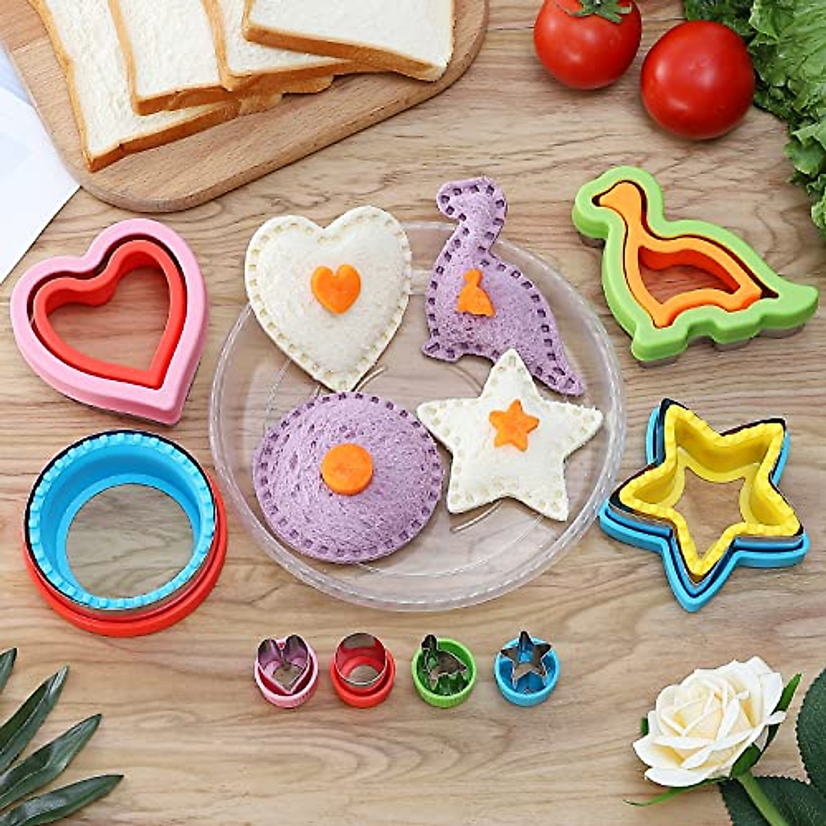 FIRETREESILVERFLOWER Sandwich Cutter and Sealer,Bread Sandwich Decruster Maker Fruit Vegetable Cookie Cutters for Kids Bento Box,Heart,Star,Dinosaur,Circle Shapes Sandwich and Cookie Cutters.