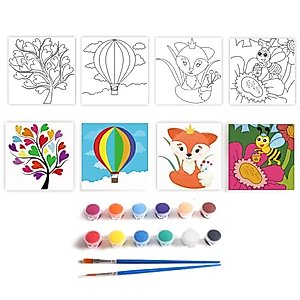 Aosemili Acrylic Paint Set for Kids - 4 Pre-Stenciled Painting Canvas Panels 8 x 8 inches with 12 Paints 2 Brushes for Girls Boys and Beginners