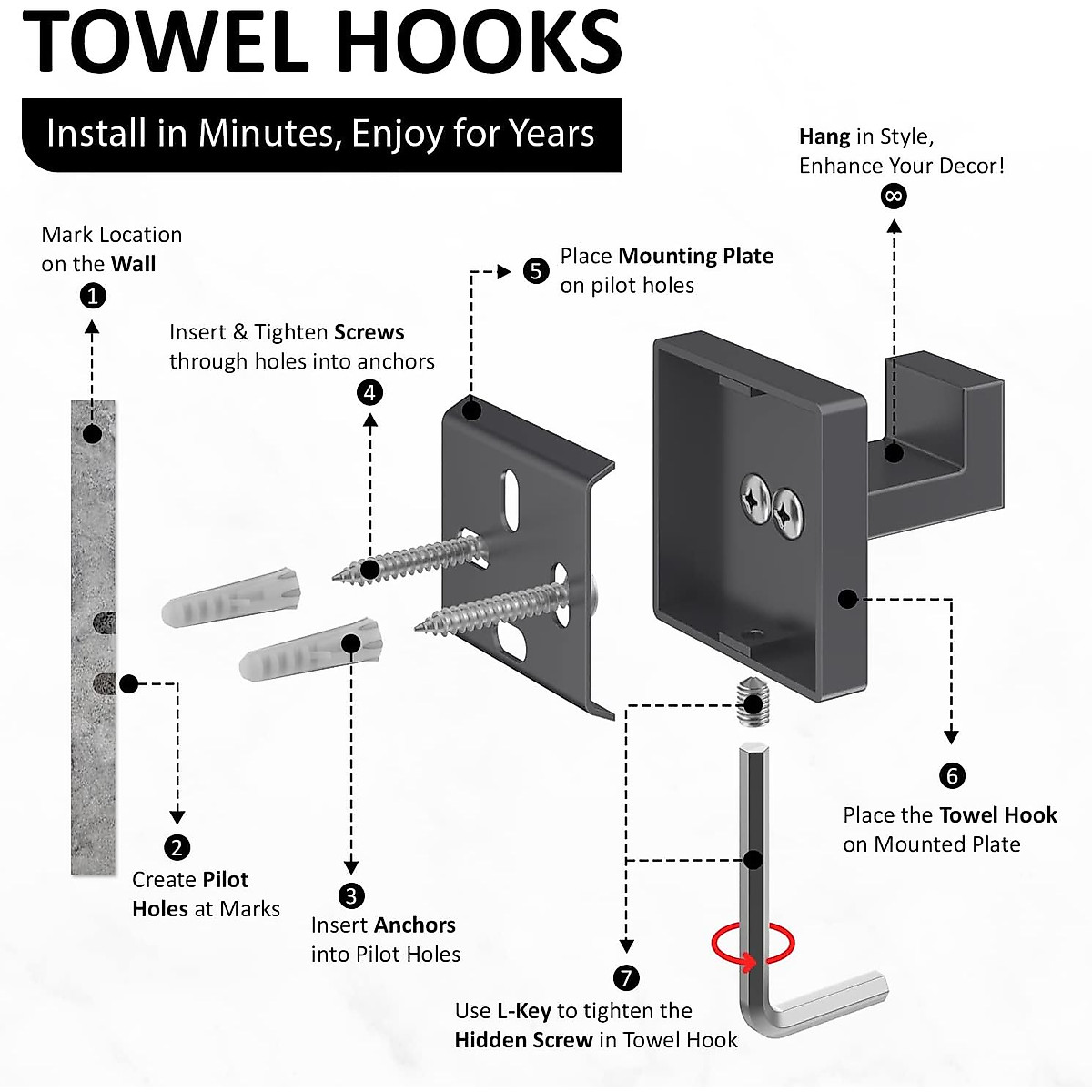 RiXY PREMIUM Matte Black Towel Hooks for Bathroom - Stylish Bath Hooks for Towels - Heavy Duty Bathroom Hooks for Hanging Towels Robes Coats - Pack of 4 Stainless Steel 304 Coat Hooks