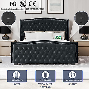 BELLEZE King Headboard Bed Frame with Fast Charging Port, Upholstered Platform Bed Frame with Handmade Button Tufted Headboard, Stable Noise-Free Bedroom Bed, No Box Spring Needed - Oslo (Gray)