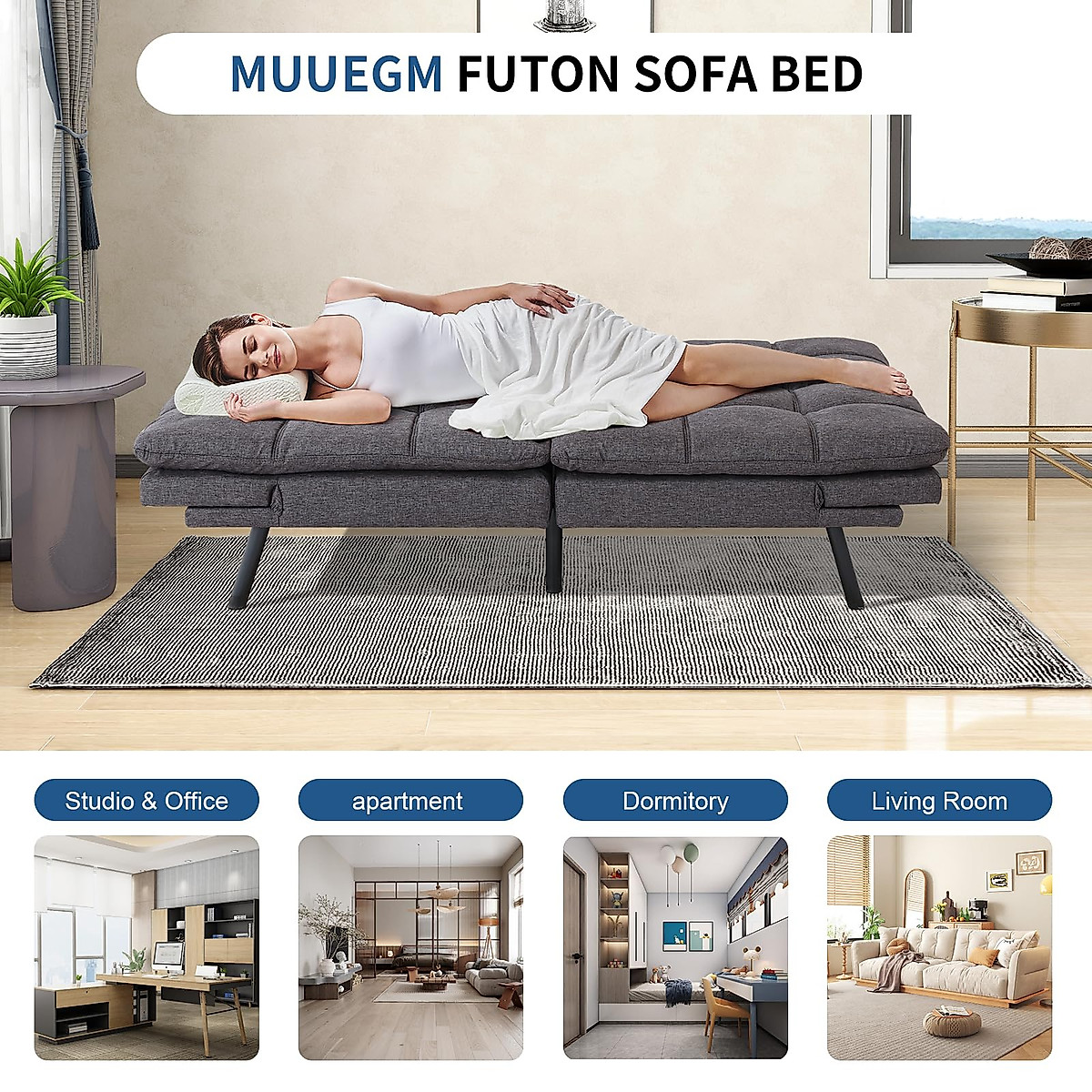 MUUEGM 71" Couches for Living room, Futon Sofa Bed with Memory Foam and Adjust Backrest, Sofa for Studios, Apartments, Dormitories, Offices and Game Rooms.Dark Grey Sofa