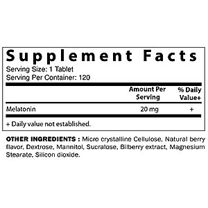 Vitamatic Melatonin 20mg Tablets | Vegetarian, Non-GMO, Gluten Free | HIGH Potency 20 MG | Natural Berry Flavor 120 Tablets