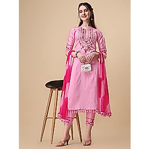 FamLady Embroidered Kurti Set with Pant and Dupatta Indian Art Silk Kurtis for Women (as1, alpha, m, regular, regular, Pink)