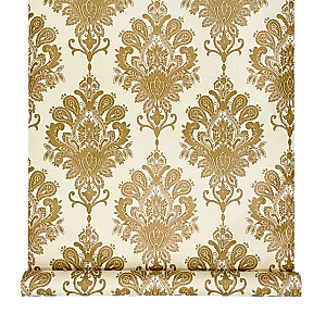 Yifely Luxury Gold Damask Shelving Paper Removable Shelf Liner Adhesive Cabinet Sticker 17.7 Inch by 9.8 Feet