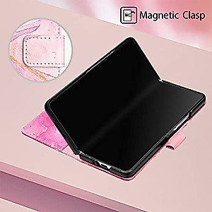 Compatible with Samsung Galaxy Z Fold 4 Case with Wallet Marble Pink Purple Gold with Long Crossbody Lanyard and Hand Strap for Samsung Galaxy Z Fold4