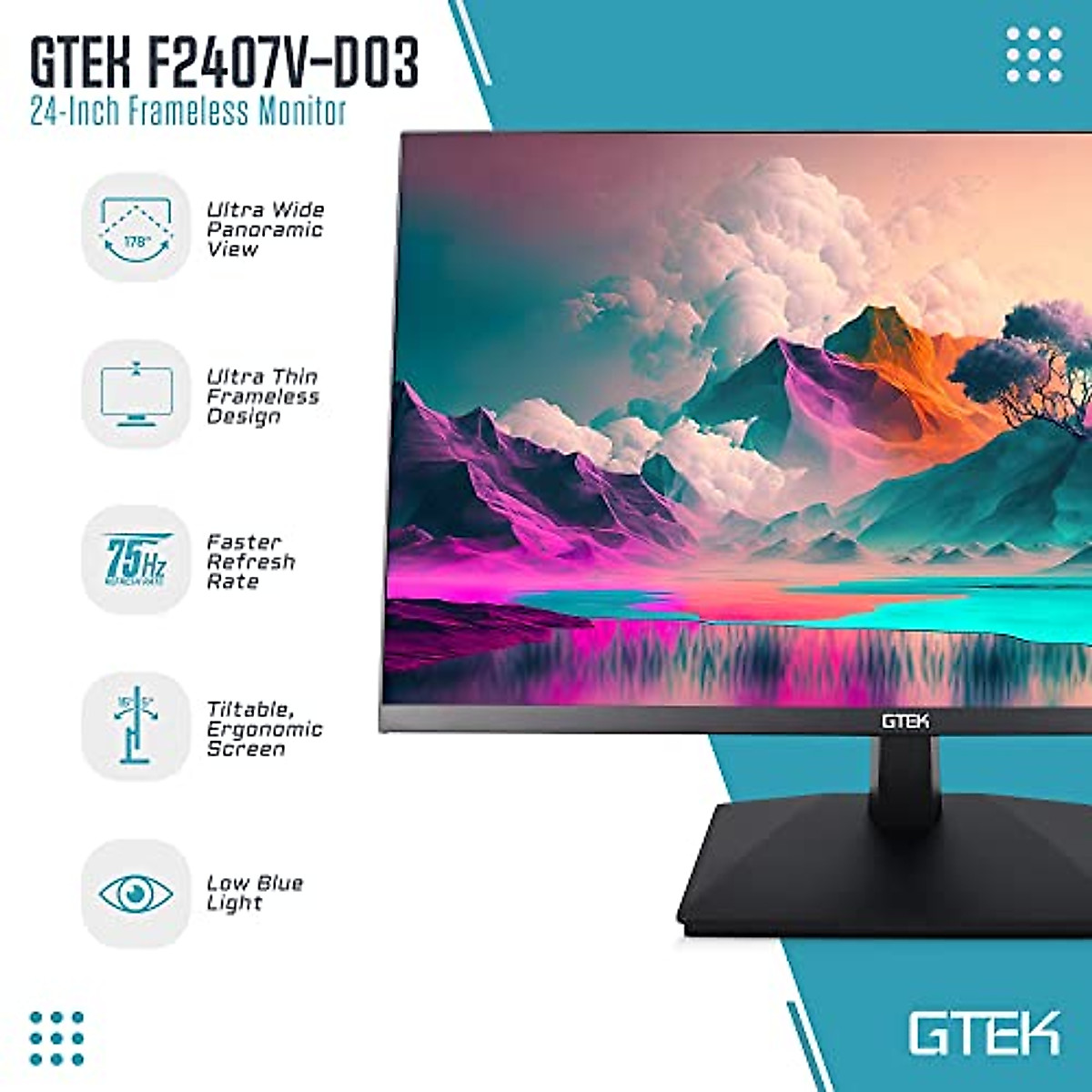 GTEK 24 Inch 75Hz Computer Monitor Frameless, FHD 1080p LED Display, Office Professional Business LCD Screen, HDMI VGA, Refresh Rate, VESA Mountable - F2407V-D03