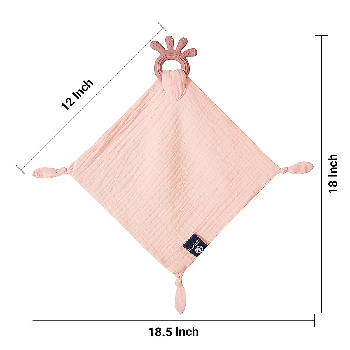 Baby Muslin Security Blanket with Food Grade Silionce Teether,Soothe Teething Toy for Boys and Girls,100% Polyester (Pink)