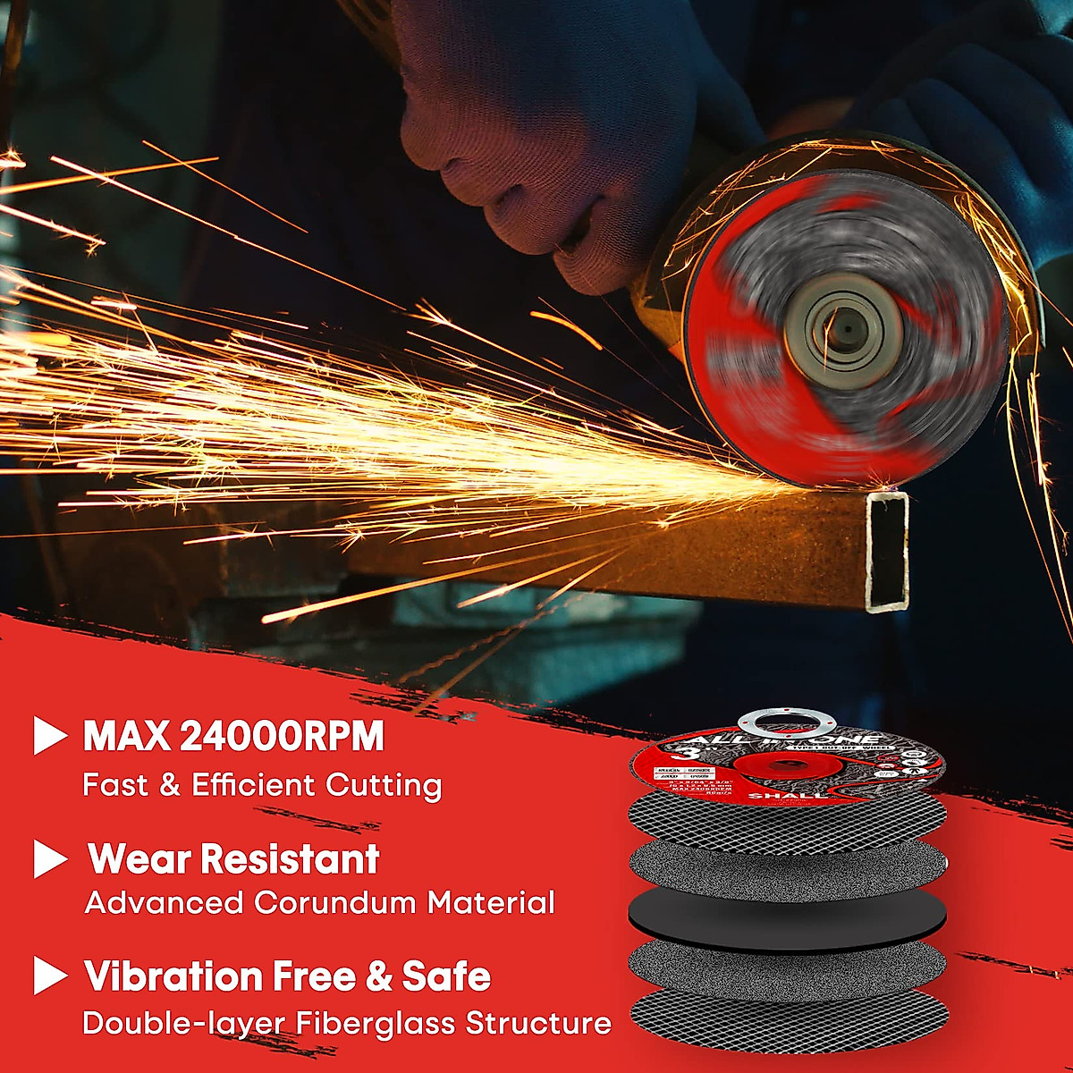 SHALL 25-Pack Cut Off Wheels 3” x 3/8” x 3/64” - Ultra Thin Cutting Wheel with Pouch for Angle Grinder & Cut-Off Tools - Fast Cutting Disc for INOX, Steel, Iron, Non-Ferrous Metal & PVC