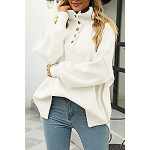 LILLUSORY Women's Long Sleeve Button Up Drop Shoulder Sweaters 2023 Fall Oversized Slit Side Knit Pullover Sweater White