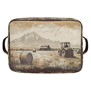 Qilmy Farmer Driving A Tractor Storage Basket with Handles for Organizing, Collapsible Canvas Shelves Storage Bins for Home Closet Bedroom Living Room