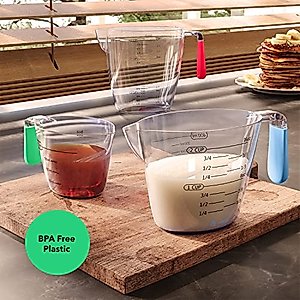 Vremi 3 Piece Plastic Measuring Cups Set - BPA Free Liquid Nesting Stackable Measuring Cups with Spout and Decorative Red Blue and Green Handles - includes 1, 2 and 4 Cup with Ml and Oz Measurement