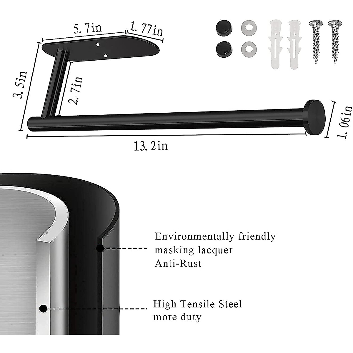 Paper Towel Holder,Paper Towel Holder Under Cabinet Self Adhesive Kitchen Countertop Wall Mount Paper Towel Holders with Screws for Rough Surface,Vertically or Horizontally Black