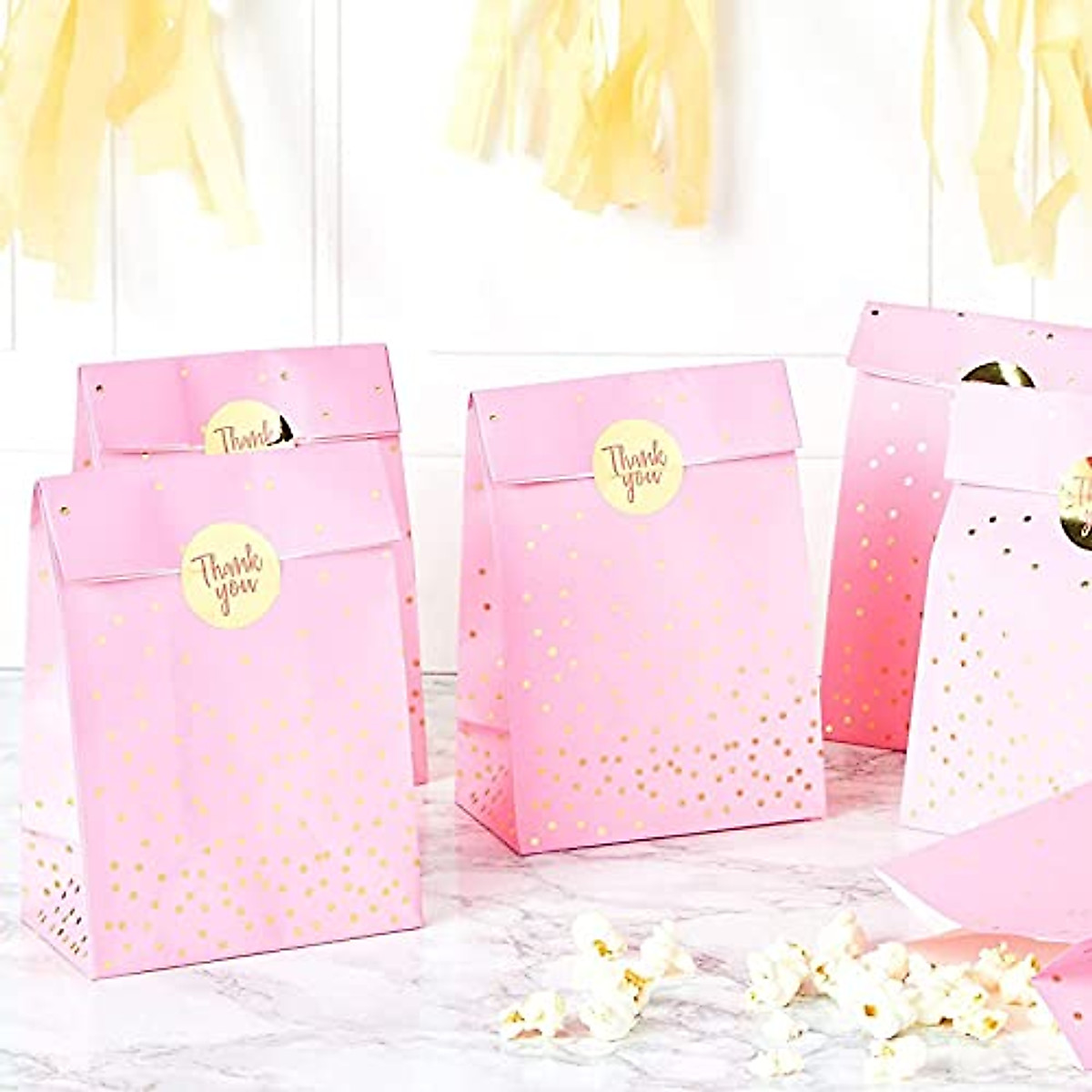 Sparkle and Bash Pink Gift Bag, Party Favor Bags with Gold Stickers (5.15 x 8.6 in, 36 Pack)