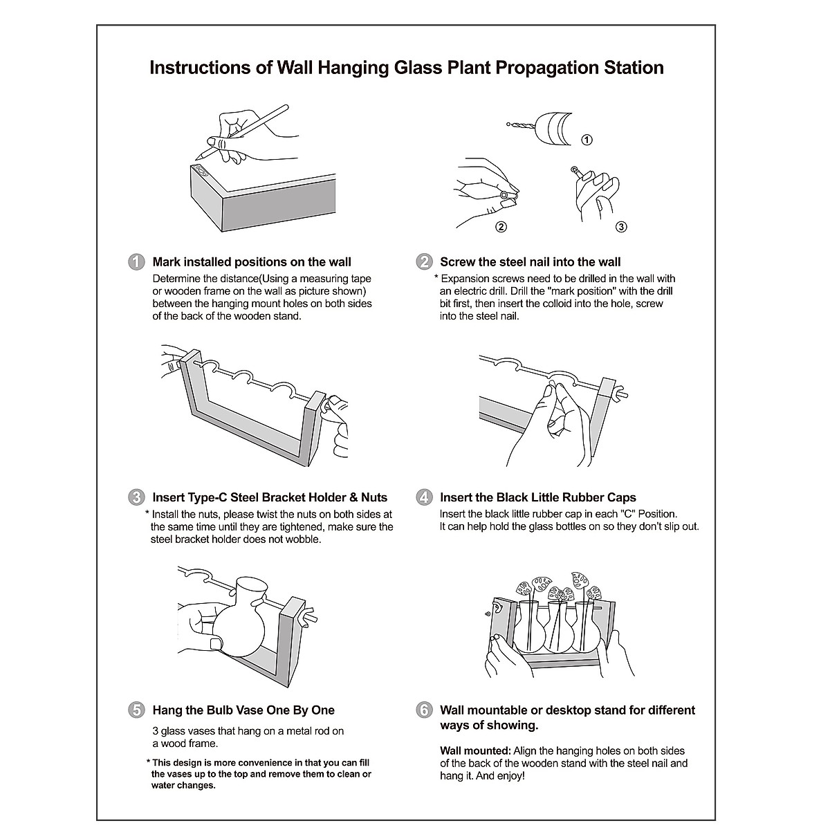 Ivolador Plant Terrarium, Wall Hanging Glass Planter with Wooden Stand Tabletop Propagation Station with Metal Swivel Holder Retro Rack 3 Bulb Containers for Hydroponics Plants Home Office Decor
