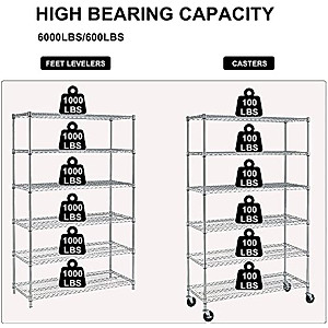 Heavy Duty 6 Tier Wire Shelving Unit Adjustable Storage Rack on Wheels 6000 Lbs Weight Capacity Metal Shelves Space Saving Wire Shelf Multifunctional Garage Shelving for Commercial Storage, Chrome