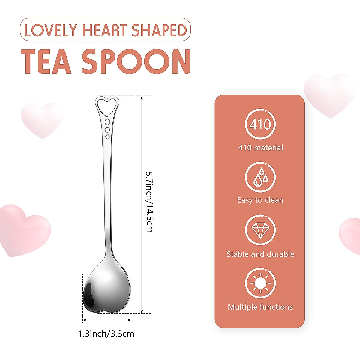 Patelai 12 Pieces Heart Shaped Stainless Steel Tea Spoon Flatware Set, 5.7 Inch Coffee Sugar Spoon Ice Cream Cake Dessert Spoon Stirring Spoon for Home, Restaurant and Valentine's Day Present