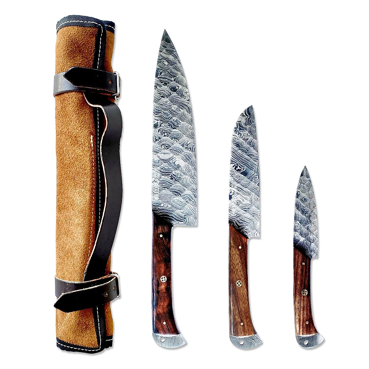 Breliser 3-Piece Knives Set for Kitchen, Damascus Chef Knife Set With Professional Chef Knife, Santoku Knife, & Paring Knife, Diamond-Hammered Kitchen Knifes With Rosewood Handles, Gifts for Chefs