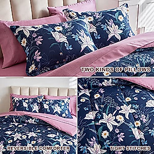 Joyreap 7 Piece Bed in a Bag Full/Queen, Lilies on Navy Floral Design, Microfiber Bedding Comforter Set with Sheets- 1 Comforter, 2 Pillow Shams, 1 Flat Sheet, 1 Fitted Sheet, 2 Pillowcases